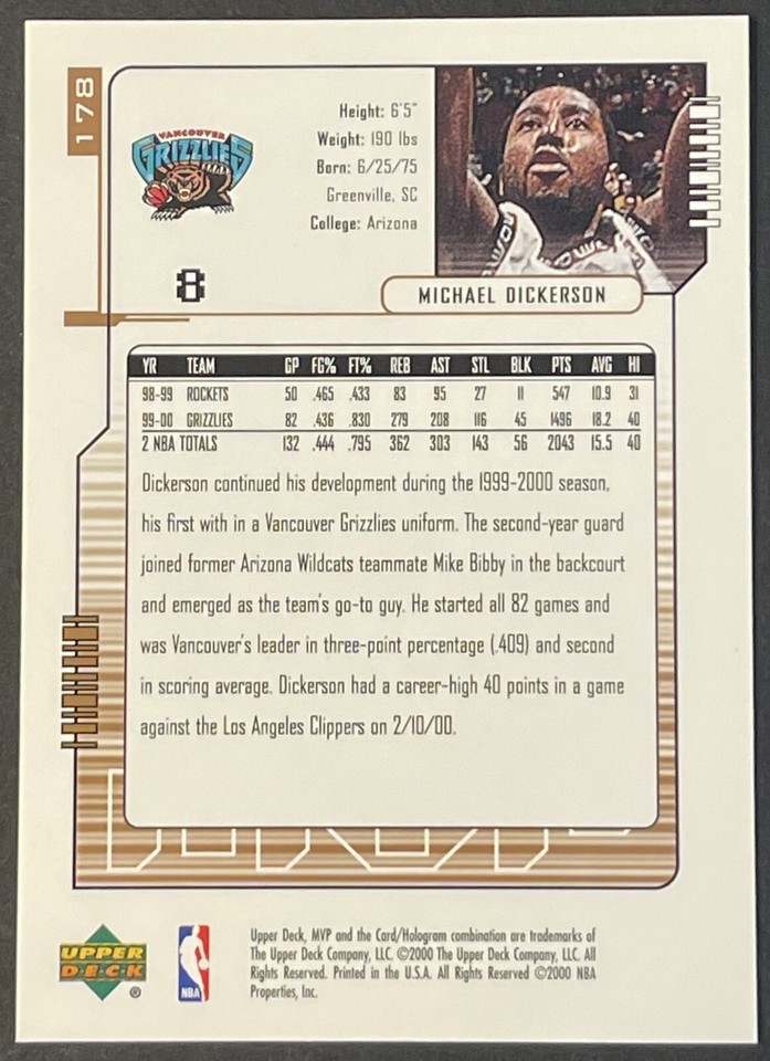 2000-01 Upper Deck MVP Grizzlies Basketball Card #178 Michael Dickerson ...