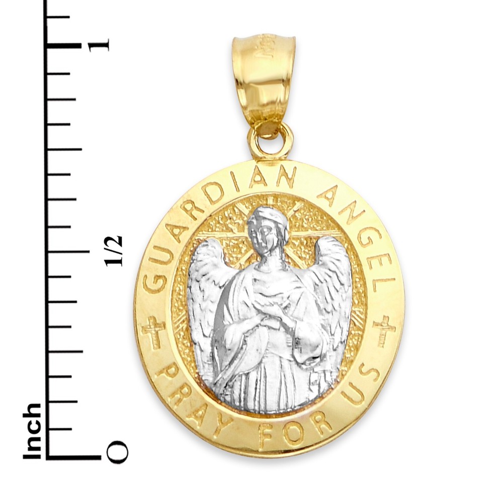 Real Solid Two-Tone Gold Guardian Angel Pendant with Engraving in 10k ...
