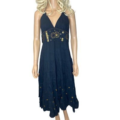 Vasna Women's Halter Cotton Midi Dress Black Boho Gold Coins ...