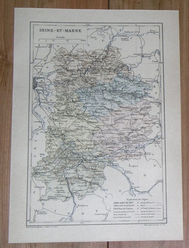 1887 ANTIQUE MAP OF VICINITY OF PARIS / DEPARTMENT OF SEINE MELUN ...