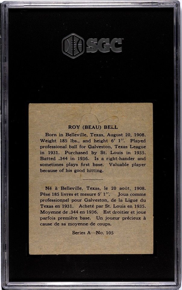 1937 O-PEE-CHEE A-105 ROY "BEAU" BELL SGC 3 VG ST. LOUIS BROWNS BEST PRICE | eBay