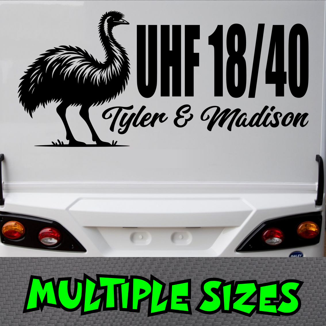 Custom Name UHF 18/40 Sticker Australia Caravan Emu Adventure Car Bird ...