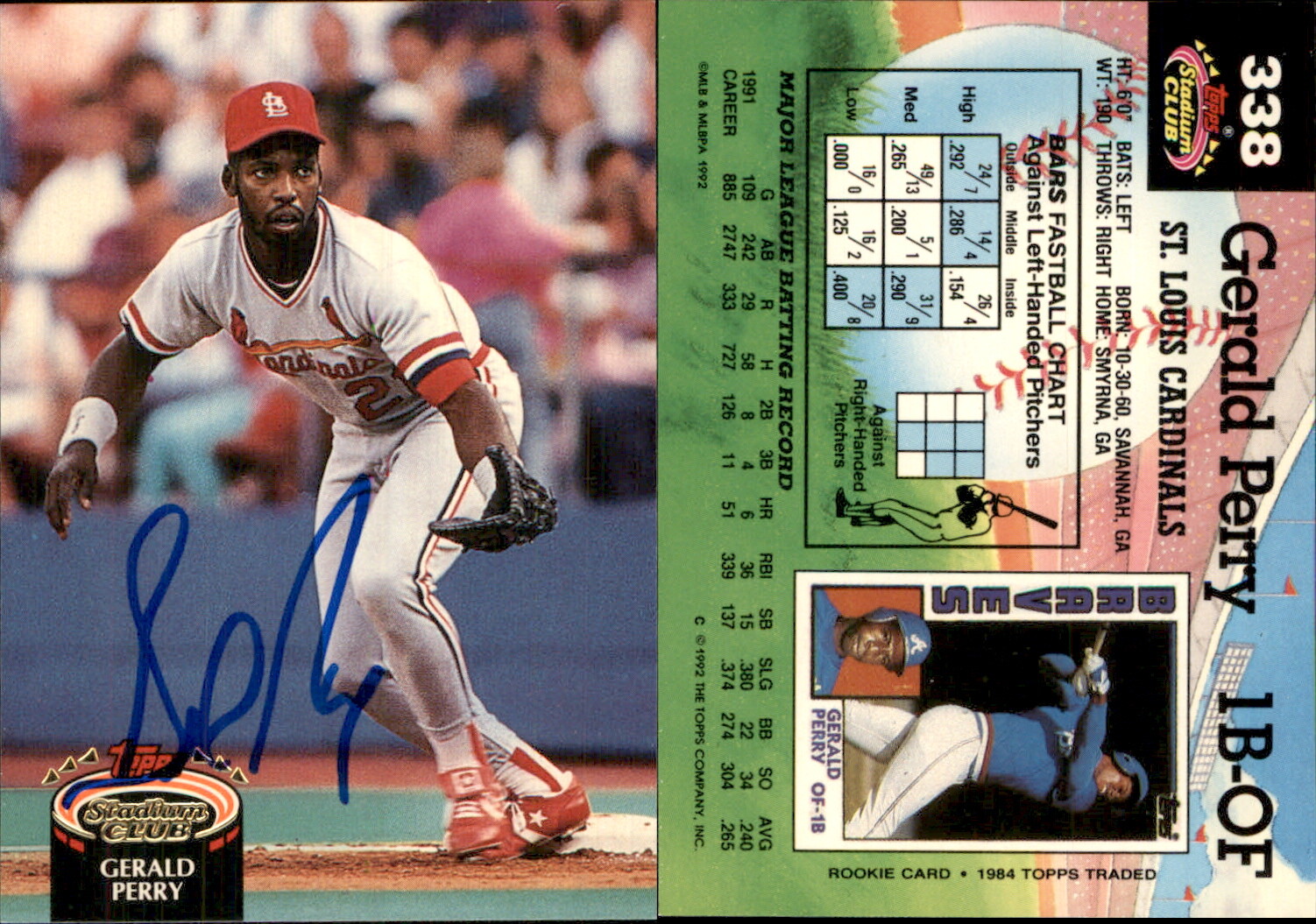 Gerald Perry Signed 1992 Stadium Club #338 Card St. Louis Cardinals ...