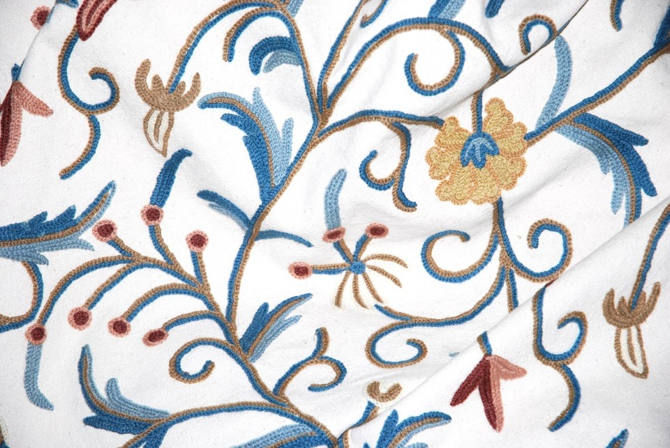 Cotton Crewel Embroidered Fabric "Jacobean" Off-White, Multicolor 52" x ...