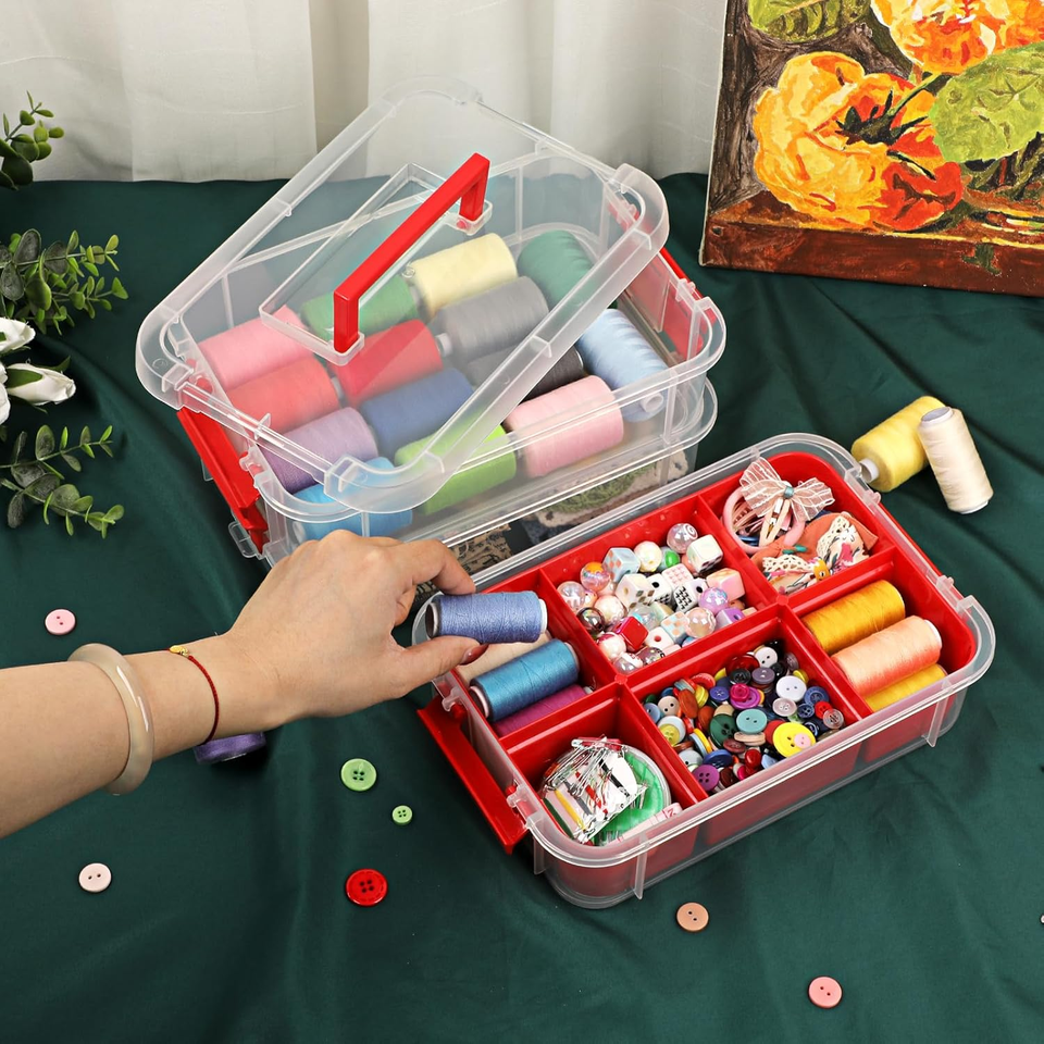 3-Layer Plastic Craft Storage Container with Removable Tray, Stackable ...