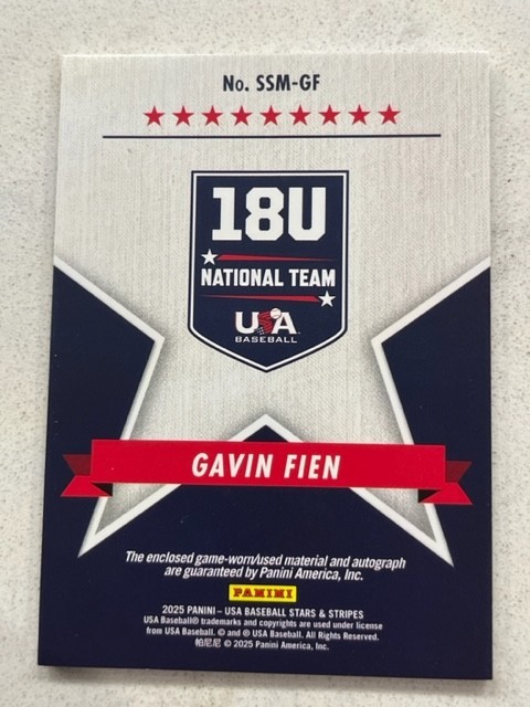 GAVIN FIEN 2025 Panini USA Baseball Stars & Stripes GU Jersey AUTO Gold ...