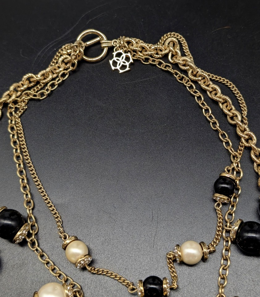 ANN TAYLOR Gold Tone Faux Pearl Rhinestone & Black Beaded Triple Chain ...