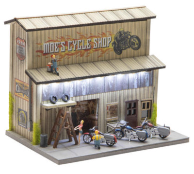 HO Scale Rustic Motorcycle Shop LED Lit Exterior with Three Motorcycles ...