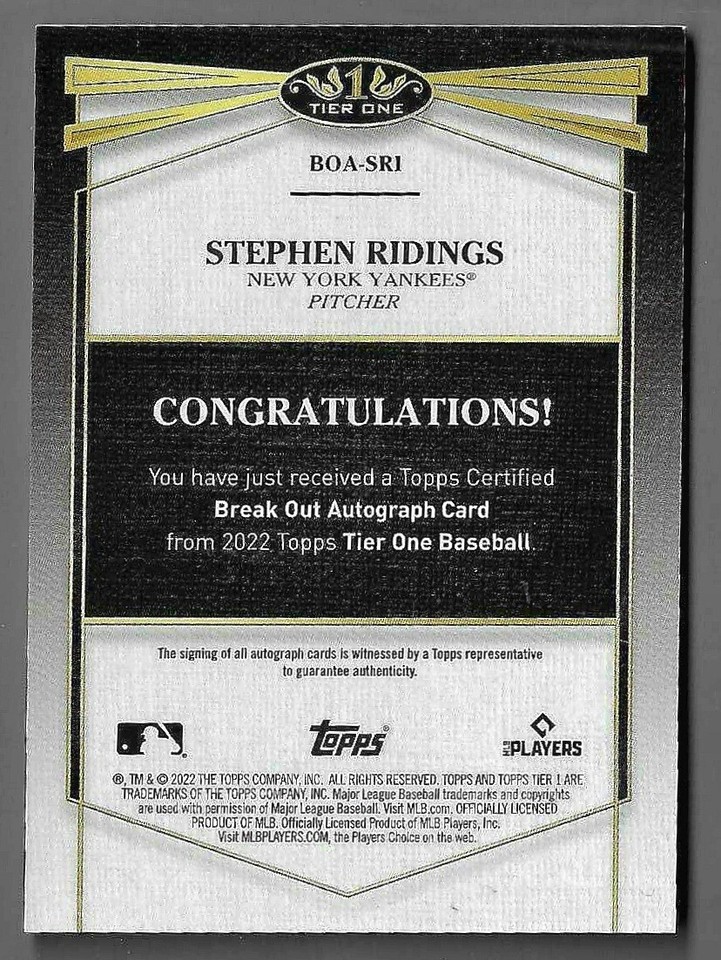 STEPHEN RIDINGS ⭐ #/299 2022 Topps Tier One Break Out ON CARD Auto ...