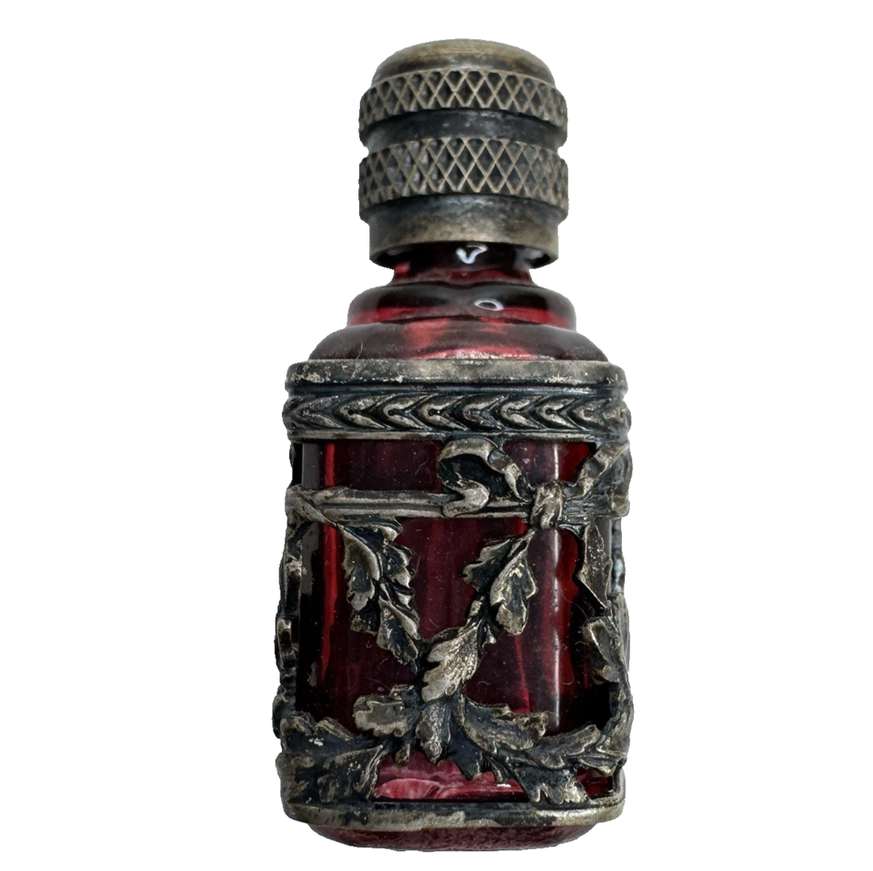 Vintage Red Perfume Bottle Art Nouveau Silverplate Overlay Ornate Mini ...
