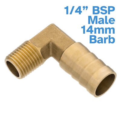 Brass 1/4" Male BSP To 14mm Barbed Elbow Pipe Hose Fitting 90 Degree ...