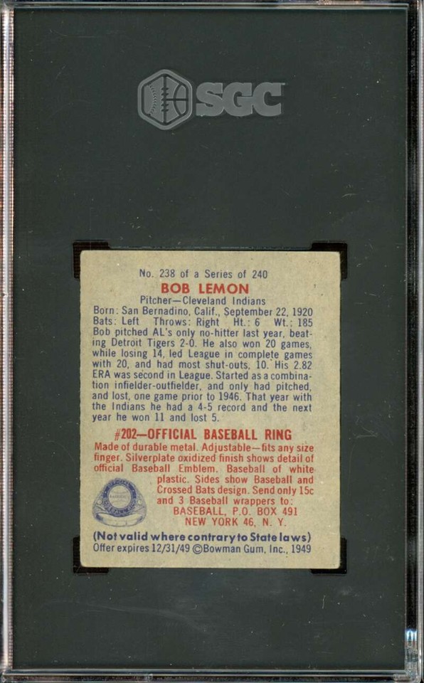 1949 Bowman #238 Bob Lemon RC/Rookie Indians HOF SGC 4 VG-EX | eBay