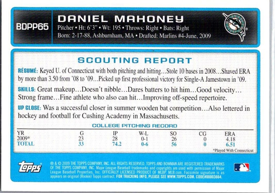2009 Daniel Mahoney #BDPP65 Bowman Florida Marlins Prospects MBBC #138 ...