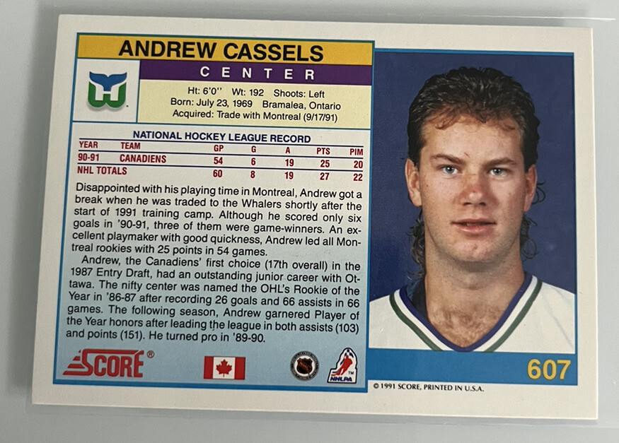 1991-92 Score Canadian English #607 Andrew Cassels Auto Autograph ...