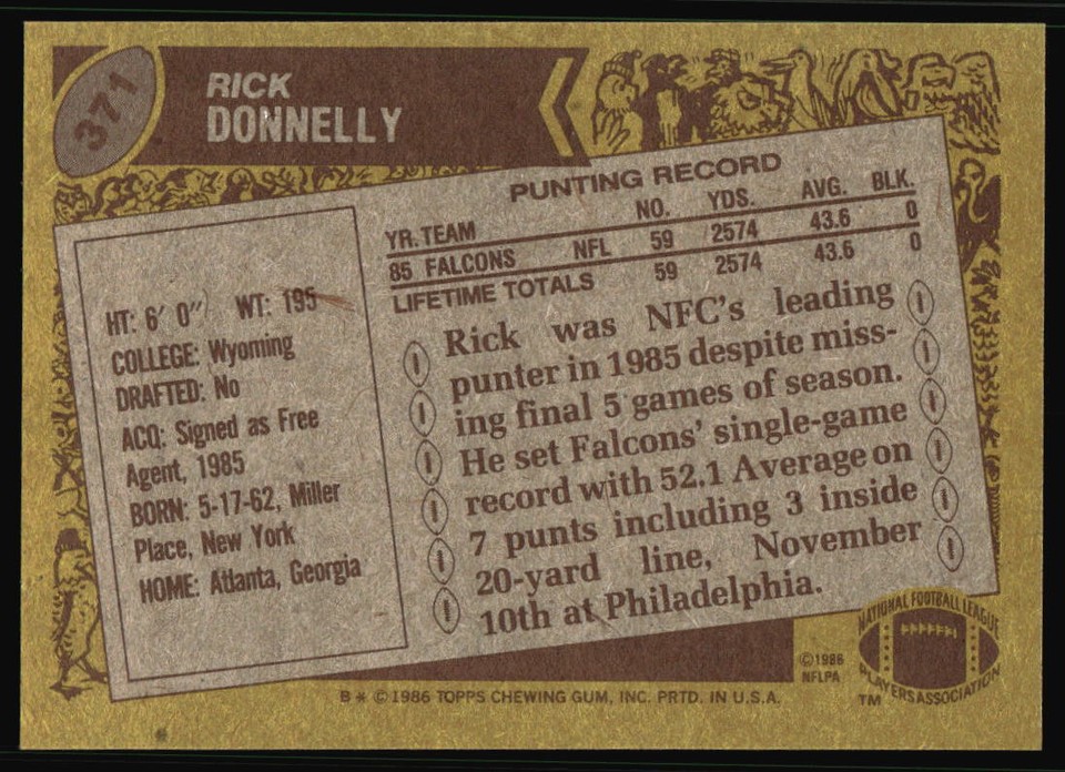 1986 Topps Rick Donnelly Rookie #371 Atlanta Falcons | eBay