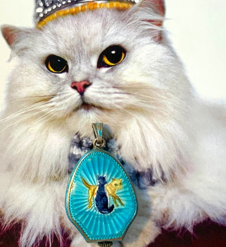 FABULOUS! Antique STERLING *2 CATS* Hand PAINTED Enamel GUILLOCHE WATCH ...