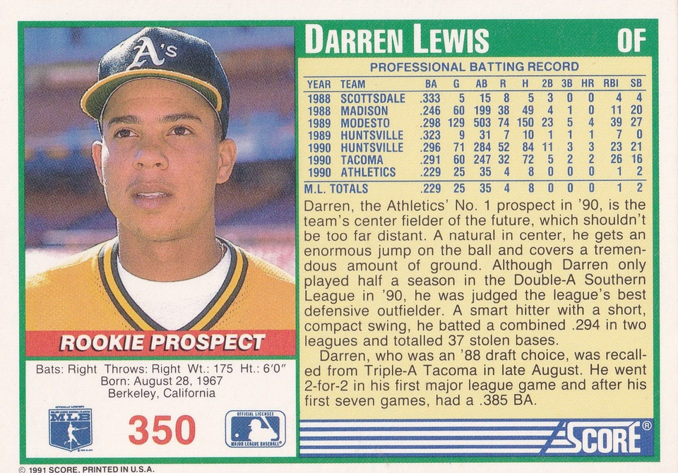 1991 Score #350 Darren Lewis MLB Oakland Athletics + (Yes 3 Free ...