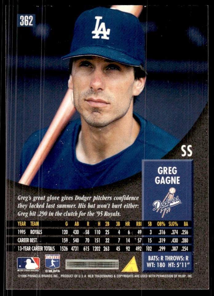 1996 Pinnacle Baseball Card Greg Gagne Los Angeles Dodgers #362 | eBay