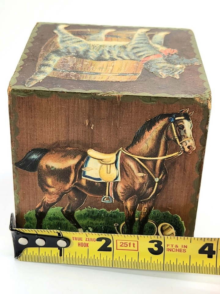 Antique Wood BLOCK 3.5" /side VICTORIAN Litho Decorated Holiday Decor ...