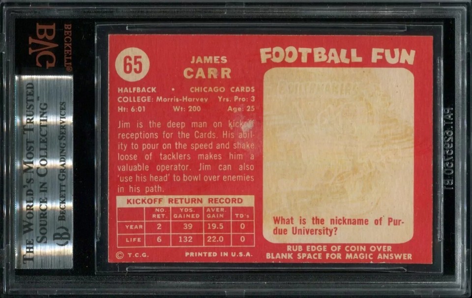 1958 Topps Football Card 65 Jimmy Carr Topps Vault File Copy COA 1-2 ...