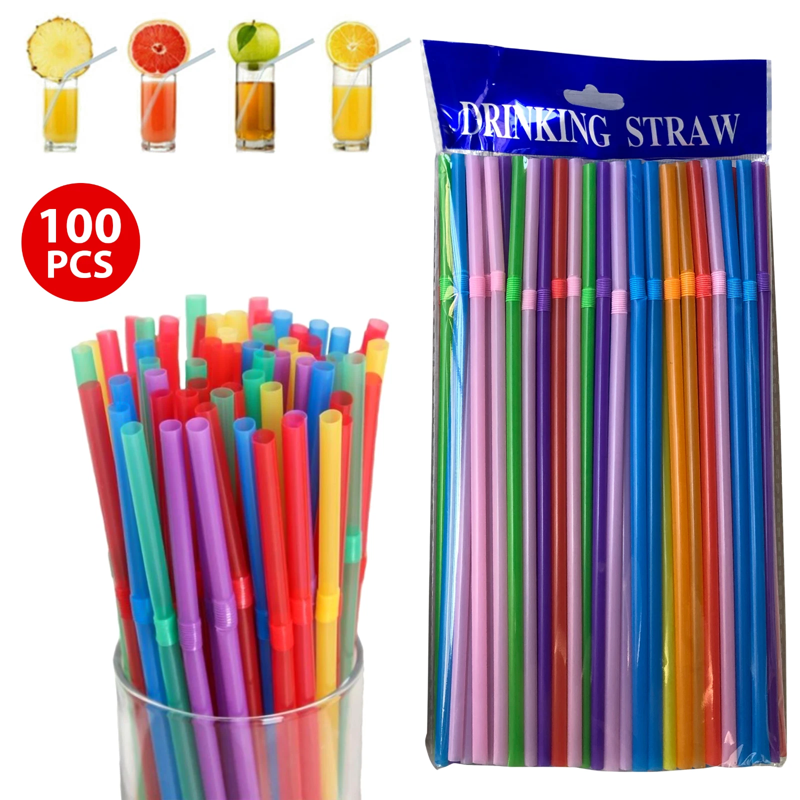 100x Straws Flexible Plastic Bendy Colourful Large Drinking Straw ...
