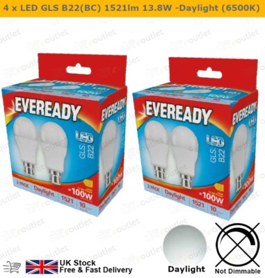 4 x LED GLS B22 (BC) Light Bulbs 1,521 Lumens 13.8W=100W Daylight 6 ...