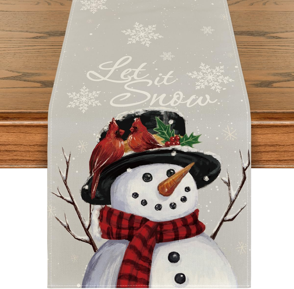 Grey Silver Snowman Let It Snow Winter Table Runner, Seasonal Christmas ...
