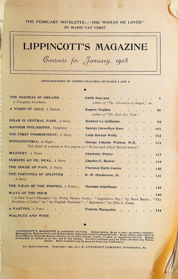 Lippincott's Monthly Magazine January 1908 Rupert Hughes Leila Burton ...