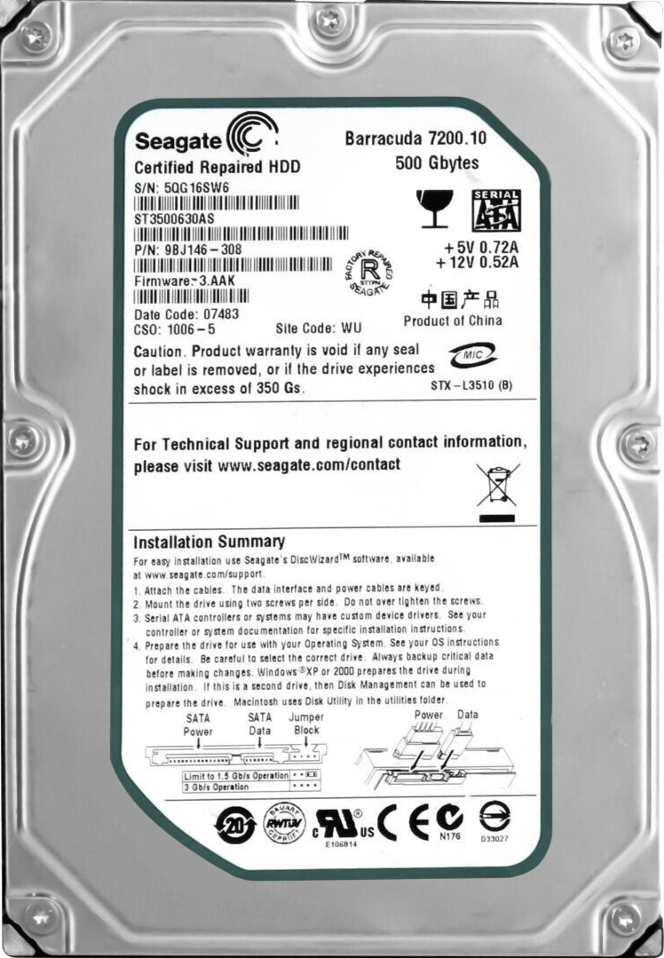 Hard Drive Seagate Barracuda 7200.10 ST3500630AS 500GB 7200 RPM SATA II ...