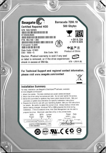 Hard Drive Seagate Barracuda 7200.10 ST3500630AS 500GB 7200 RPM SATA II ...
