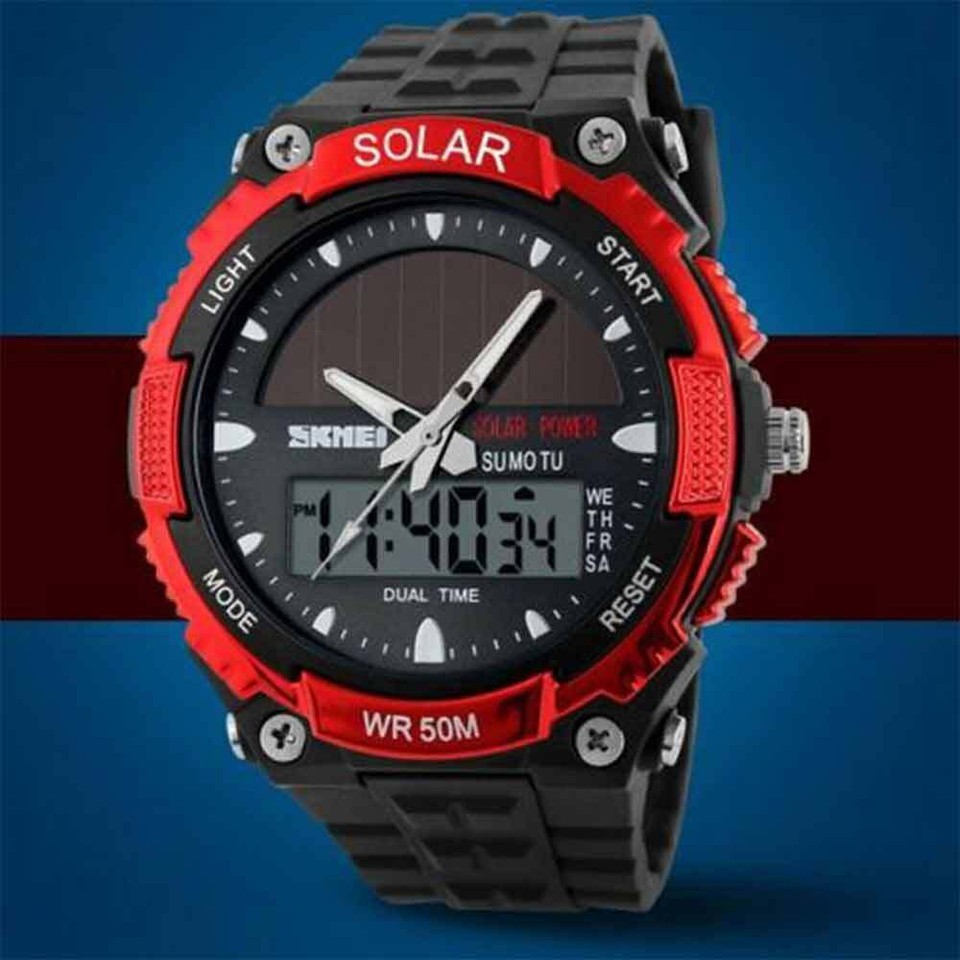 Men's Solar Power Sport Dual Time LED Digital Waterproof Analog Quartz ...