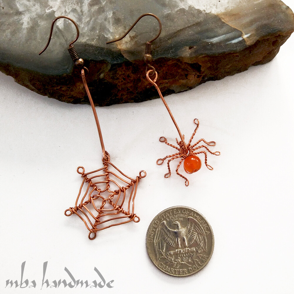 Carnelian Crystal Spider & Web Earrings Copper Wire Wrapped Handmade ...