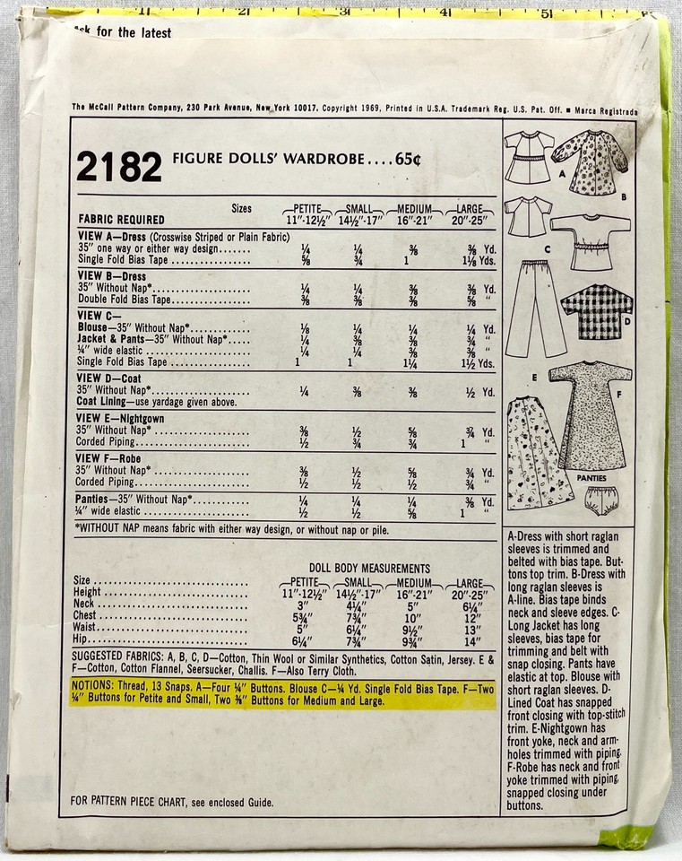 1969 McCalls Sewing Pattern 2182 16"-21" Figure Doll Clothes 6 Outfits ...