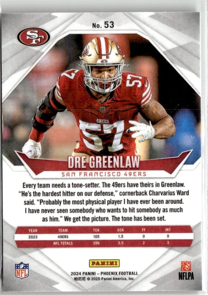 2024 Panini Phoenix Football Card Base Dre Greenlaw San Francisco 49ers ...