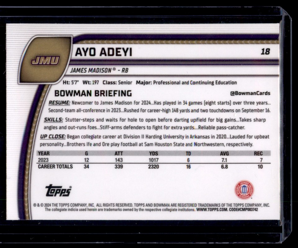 2024 Bowman Chrome U Ayo Adeyi 1st Pink Lava #18 James Madison | eBay