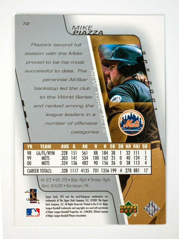 Mike Piazza #72 (2001 Upper Deck SPX) Baseball Card, New York Mets, HOF ...