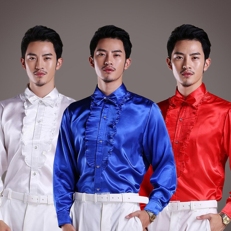 Men Long Sleeve Top Ruffle Pleated Front Shirt Wet-Look Frill Top Shiny ...