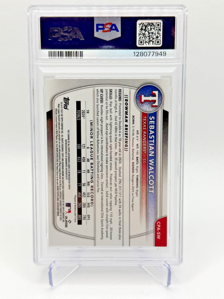 2025 Bowman Chrome Purple Refractor Sebastian Walcott AUTO /250 PSA 9 ...