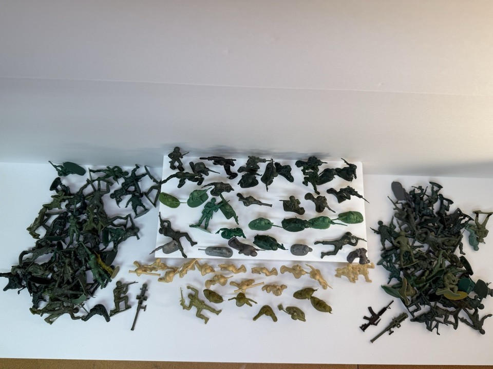 Collection of Classic Mixed Green Tan, Grey Army Men Toy Soldiers in a ...