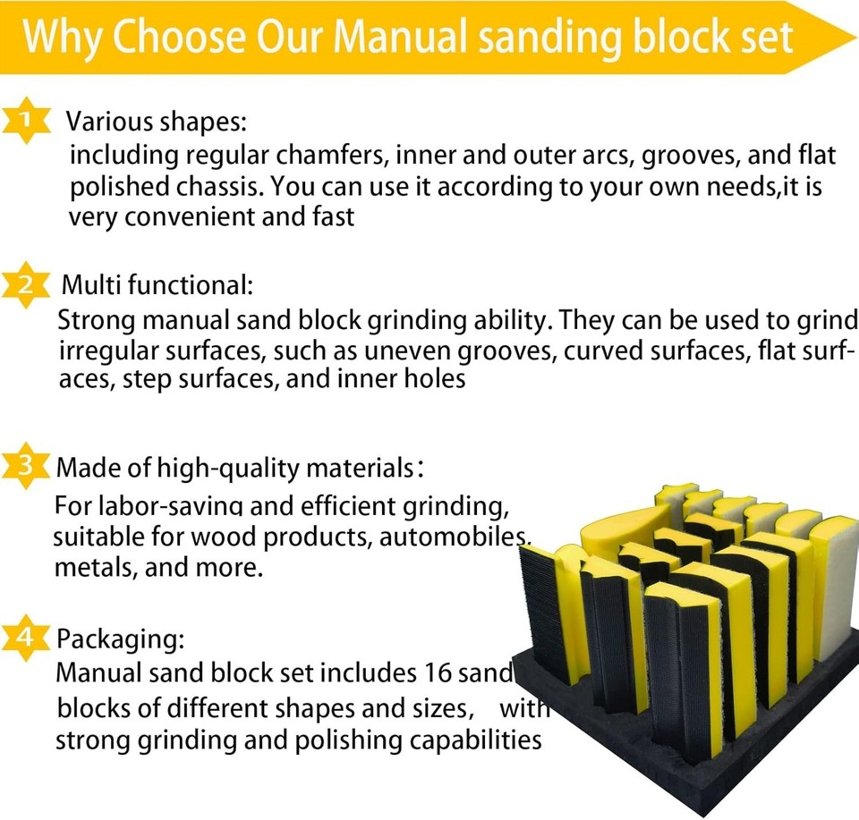 56 PCS Hand Sanding Block Set with 16 Contoured Sander Blocks & 40 ...
