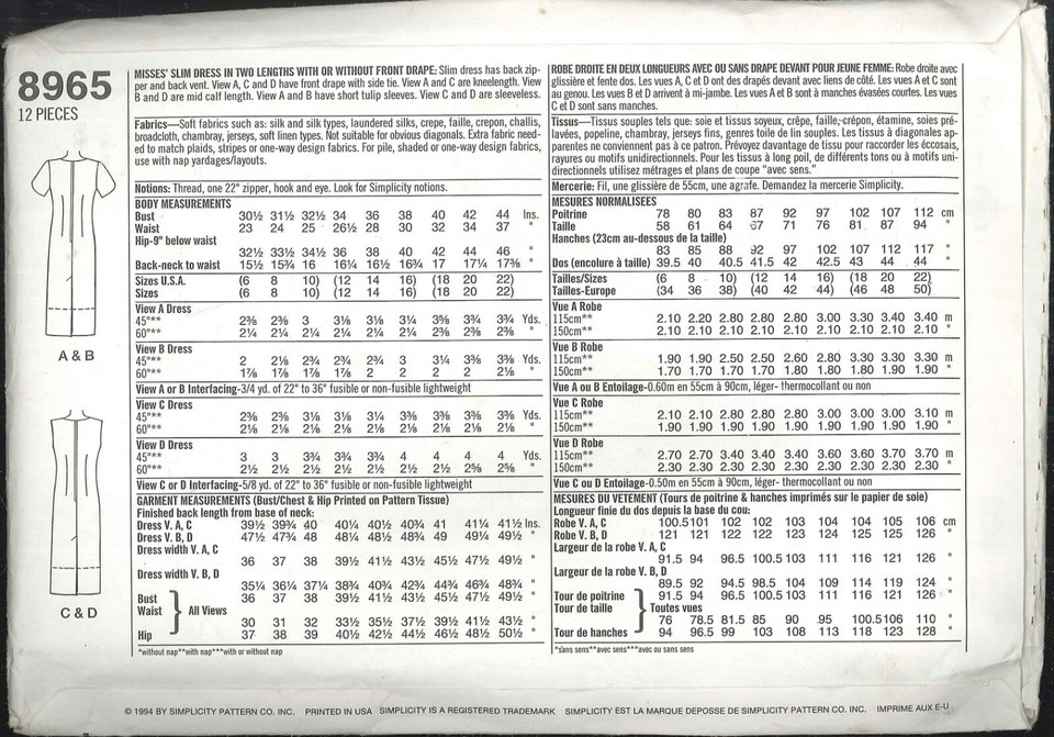 Easy Misses' Slim Dress Pattern Size 6 8 10 Simplicity 8965 Uncut Front ...