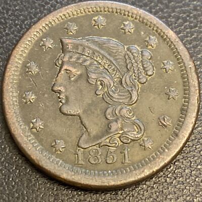 1851 Large Cent Braided Hair One Cent 1c Higher Grade XF #38656 | eBay