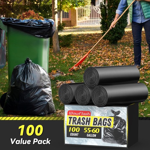 100 Count 55-60 Gallon Trash Bags Sturdy & Tear-Resistant Commercial ...