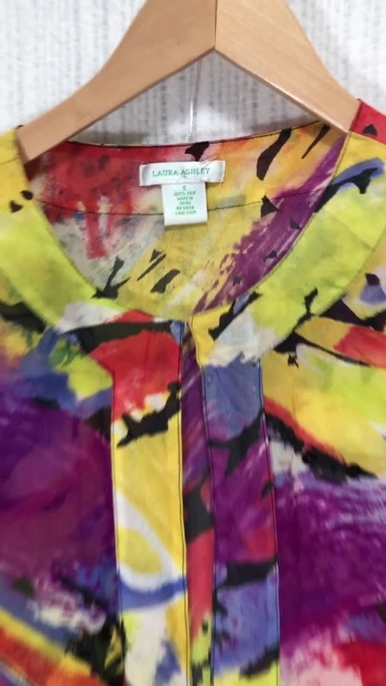 Laura Ashley Silk Blouse Abstract Print Long Sleeve Colorful Top Size S ...