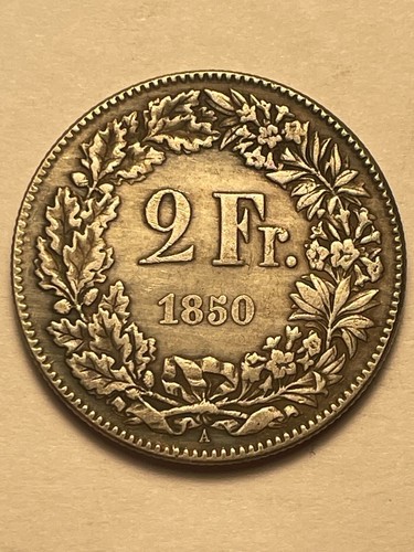 BETTER GRADE 1850B 1850 B Switzerland 2 Francs 90% SILVER COIN! KEY ...