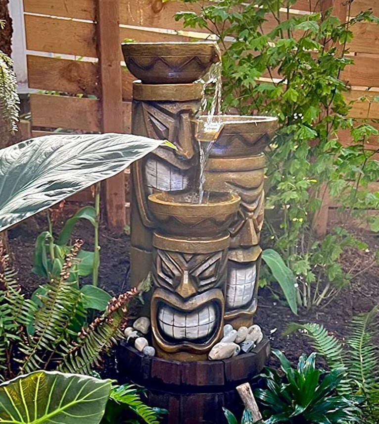 Lighted Tiki Water Fountain 3 Tier Polynesian Garden Waterfall Cascade ...