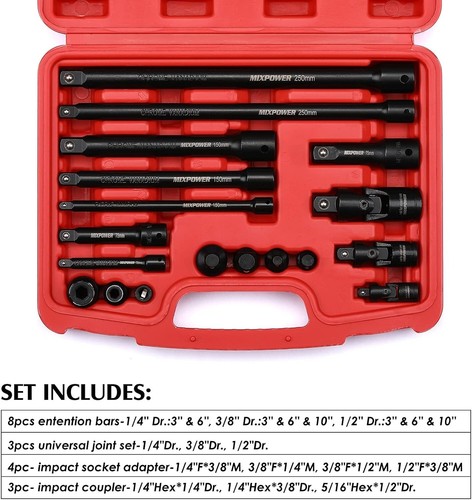 New 18 Pieces Drive Tool Accessory Set, CR-V Steel with Black Phosphate ...