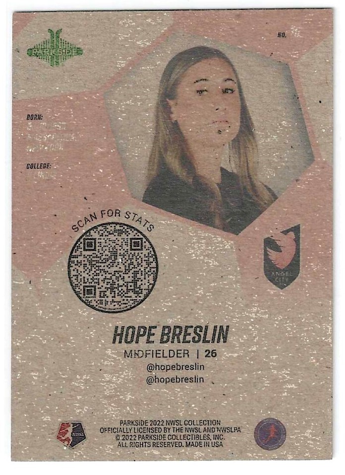 2022 PARKSIDE NWSL VINTAGE STOCK PARALLEL ROOKIE #75 HOPE BRESLIN ANGEL ...