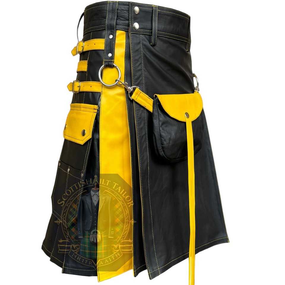 Scottish Blak & Yellow Leather Hybrid Utility Kilt With Front Sporran ...