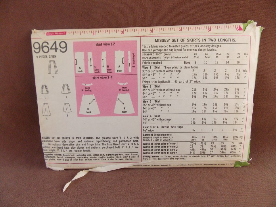 Vtg Simplicity Misses Skirts Size 16 Uncut Pattern 9649 | eBay